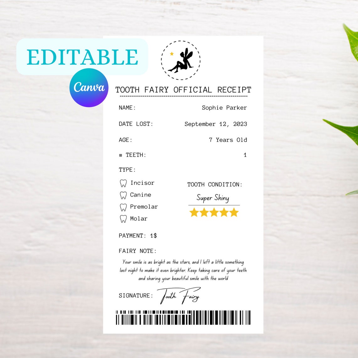Tooth Fairy Receipt Template Canva | Letter From the Tooth Fairy First ...