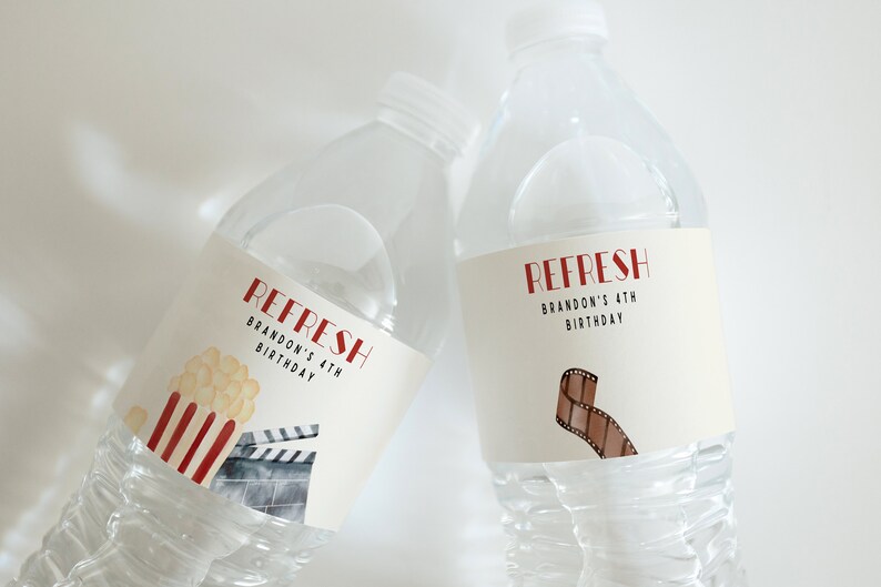 Movie Night Water Bottle Label, Movie Birthday, Movie Party Editable ...