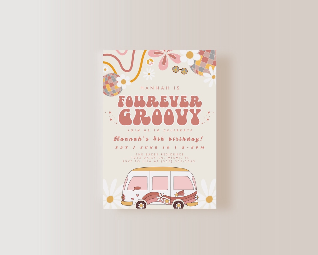 Four Ever Groovy Invitation Template, Retro Birthday Invitation ...
