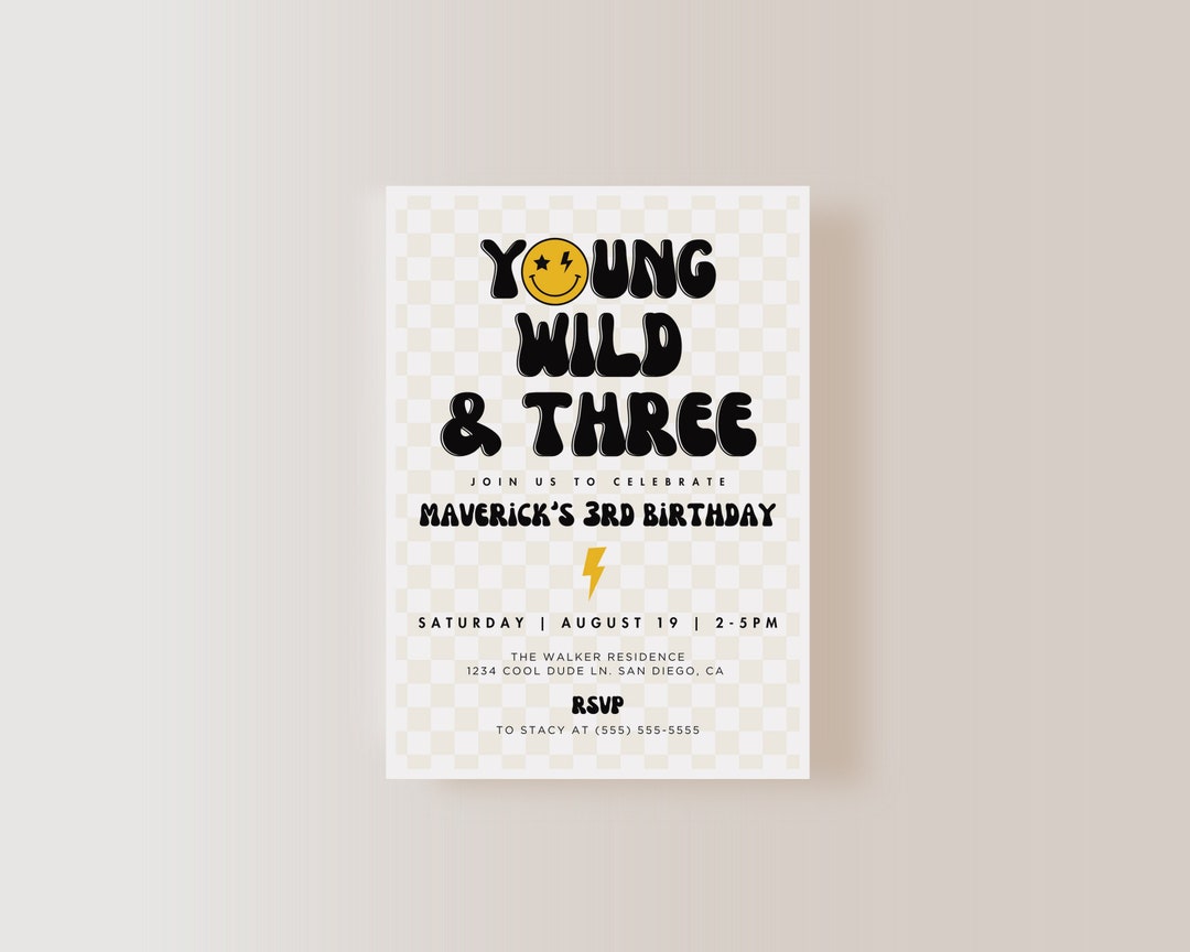 Young Wild and Three Invitation, 3rd Birthday, Retro Boy Birthday ...