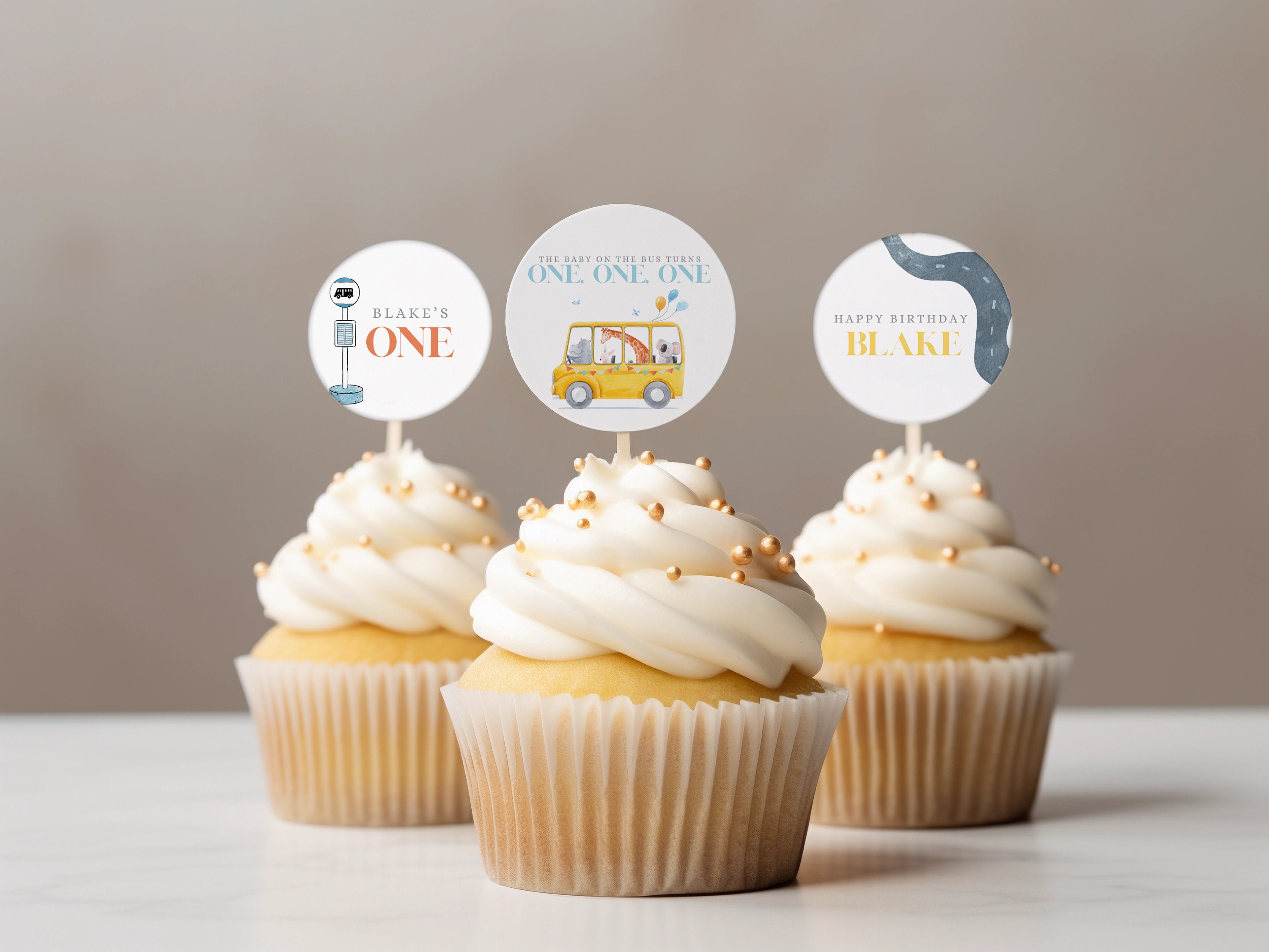 Baby on the Bus Cupcake Topper, Wheels on the Bus Birthday Topper Sign ...