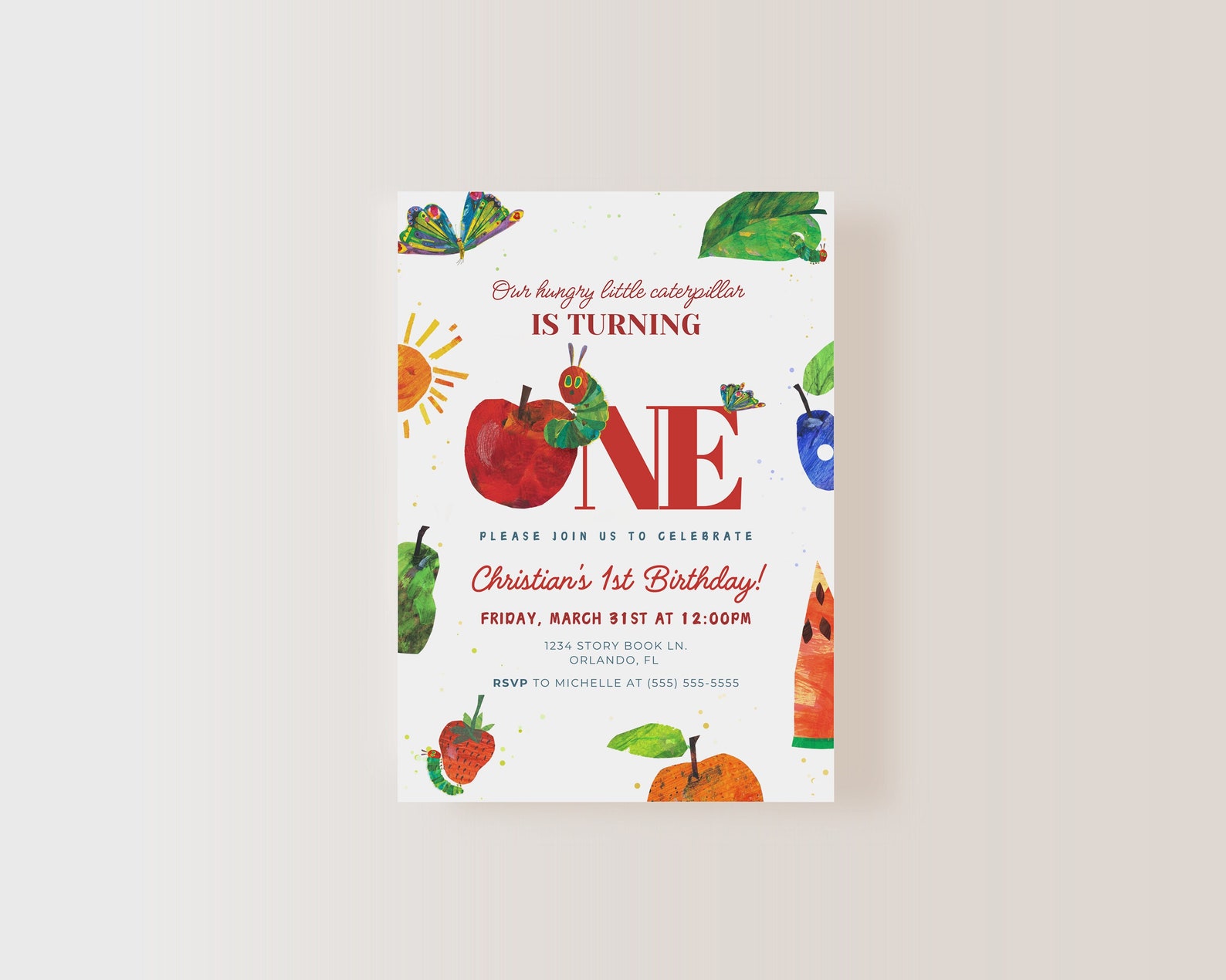 The Very Hungry Caterpillar Editable Digital Invitation, First Birthday ...