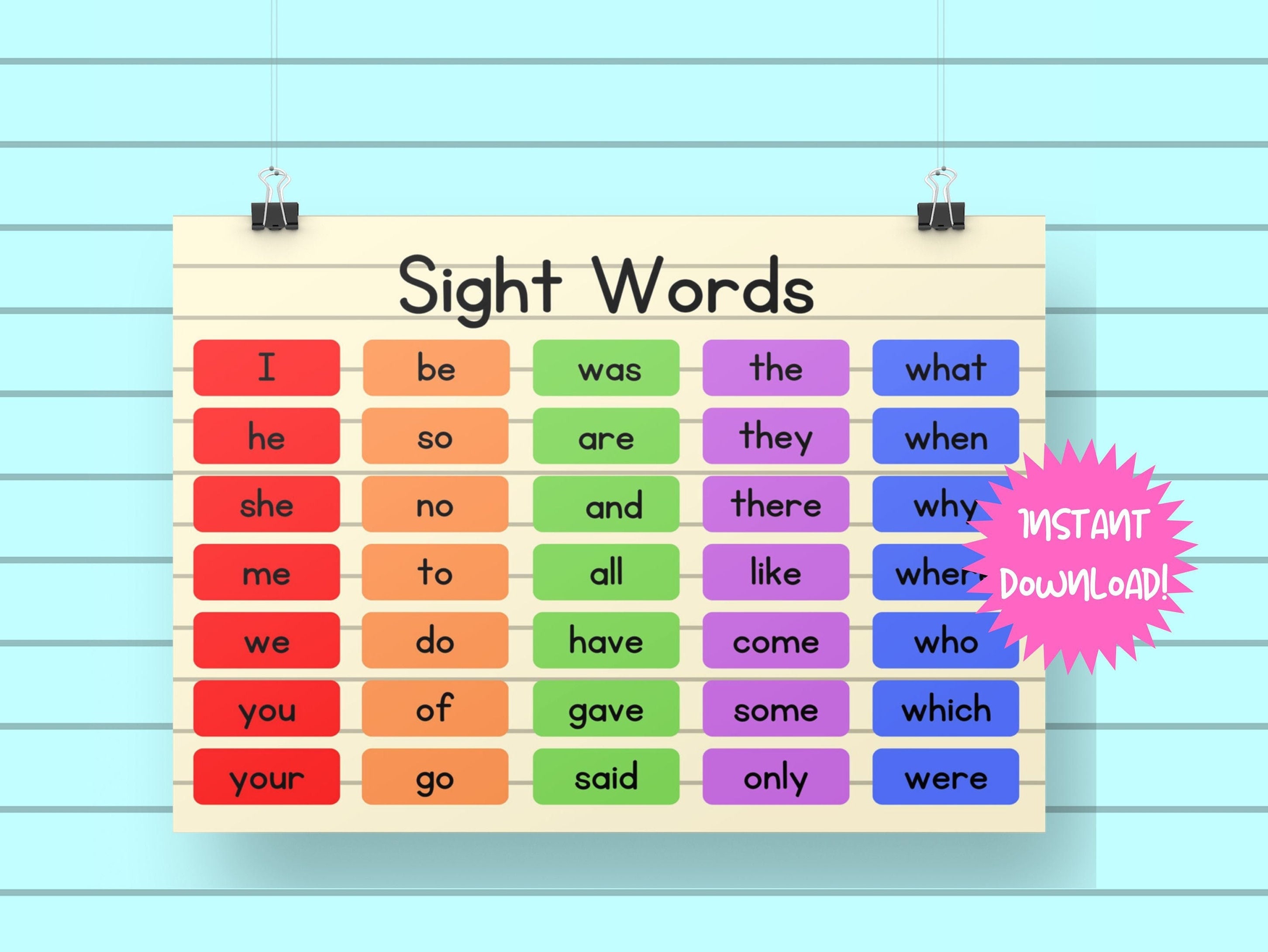 Printable Sight Words Poster Learning to Read Pre School - Etsy