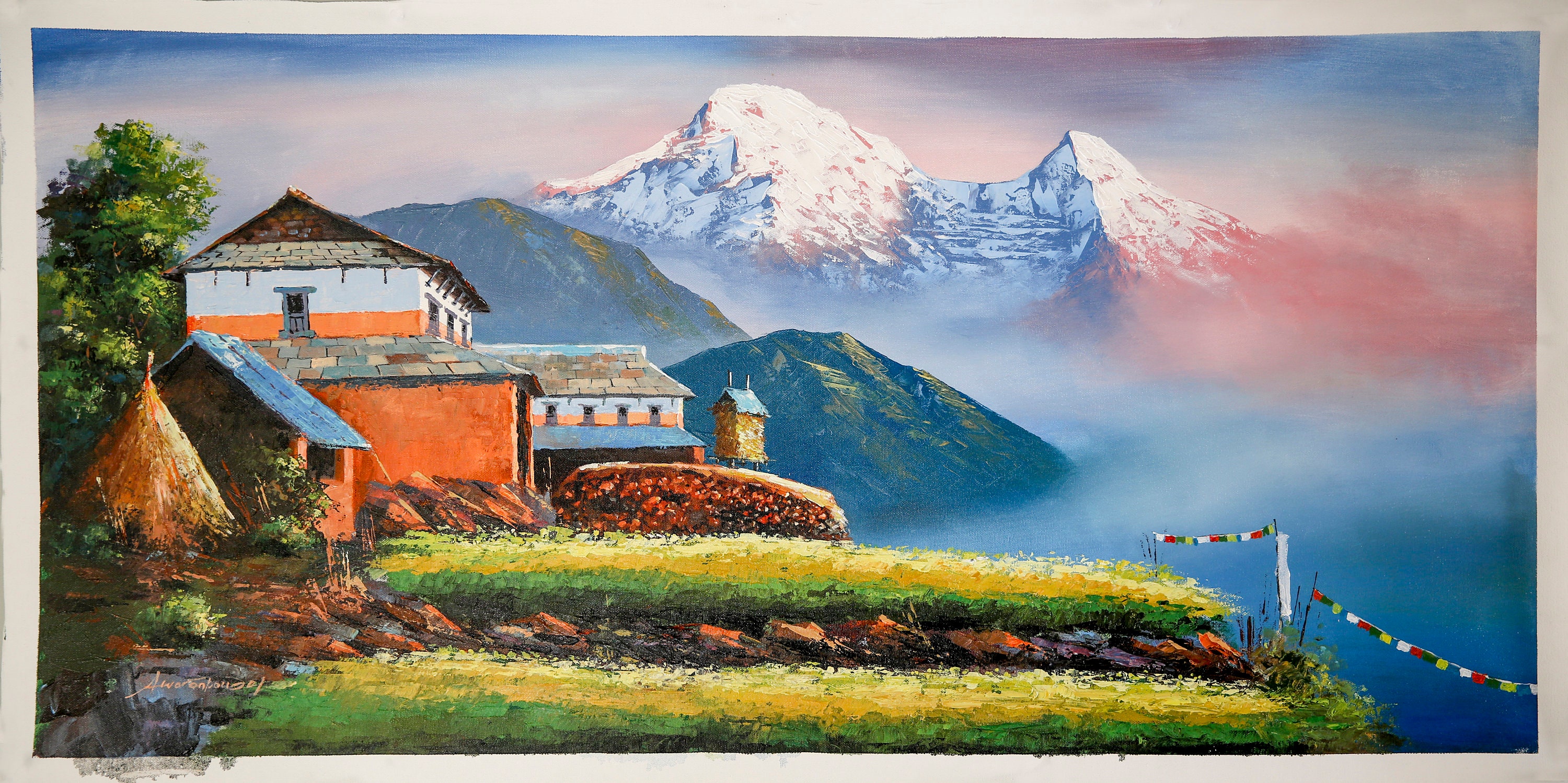Himalayan Art, Everest Range Mountains, Hilly Nepali House, Everest ...