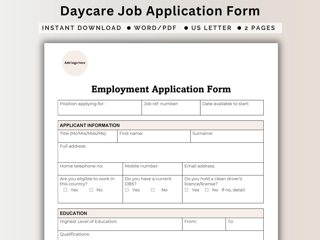 Daycare Job Application Form Template Childcare Center Employee Hiring ...