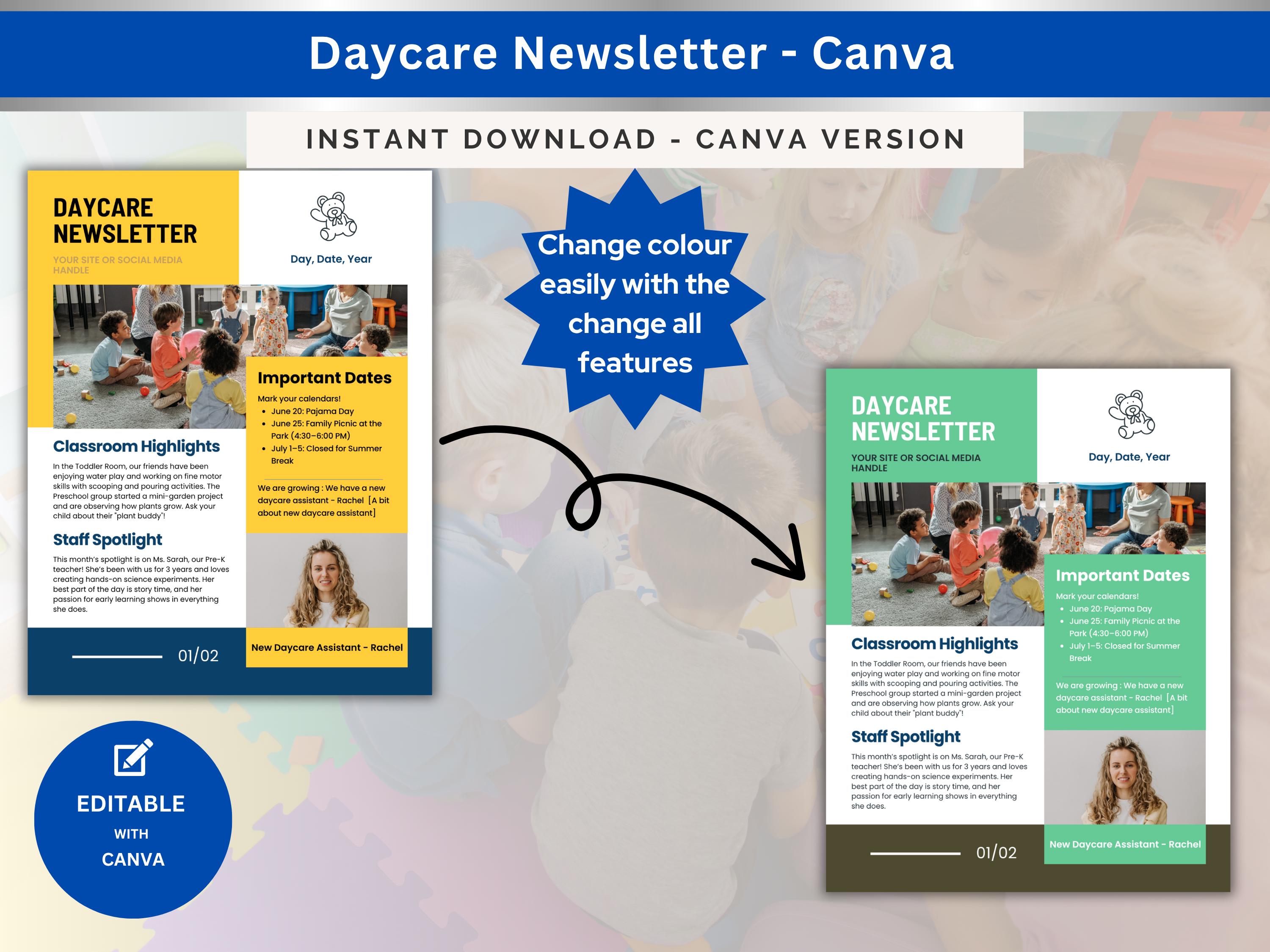 Daycare Newsletter Template: Editable Preschool Parent Communication ...