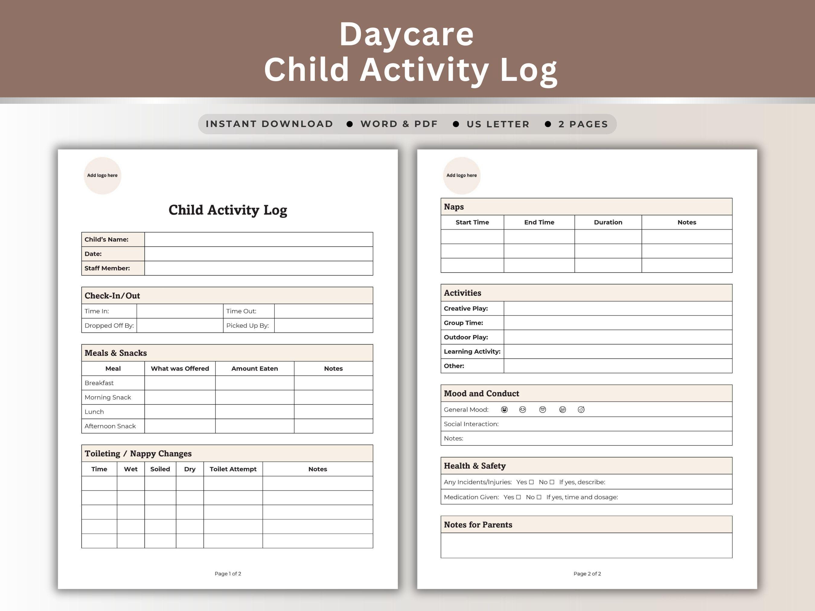 Daycare Child Activity Log Template Daily Routine Tracking Printable ...