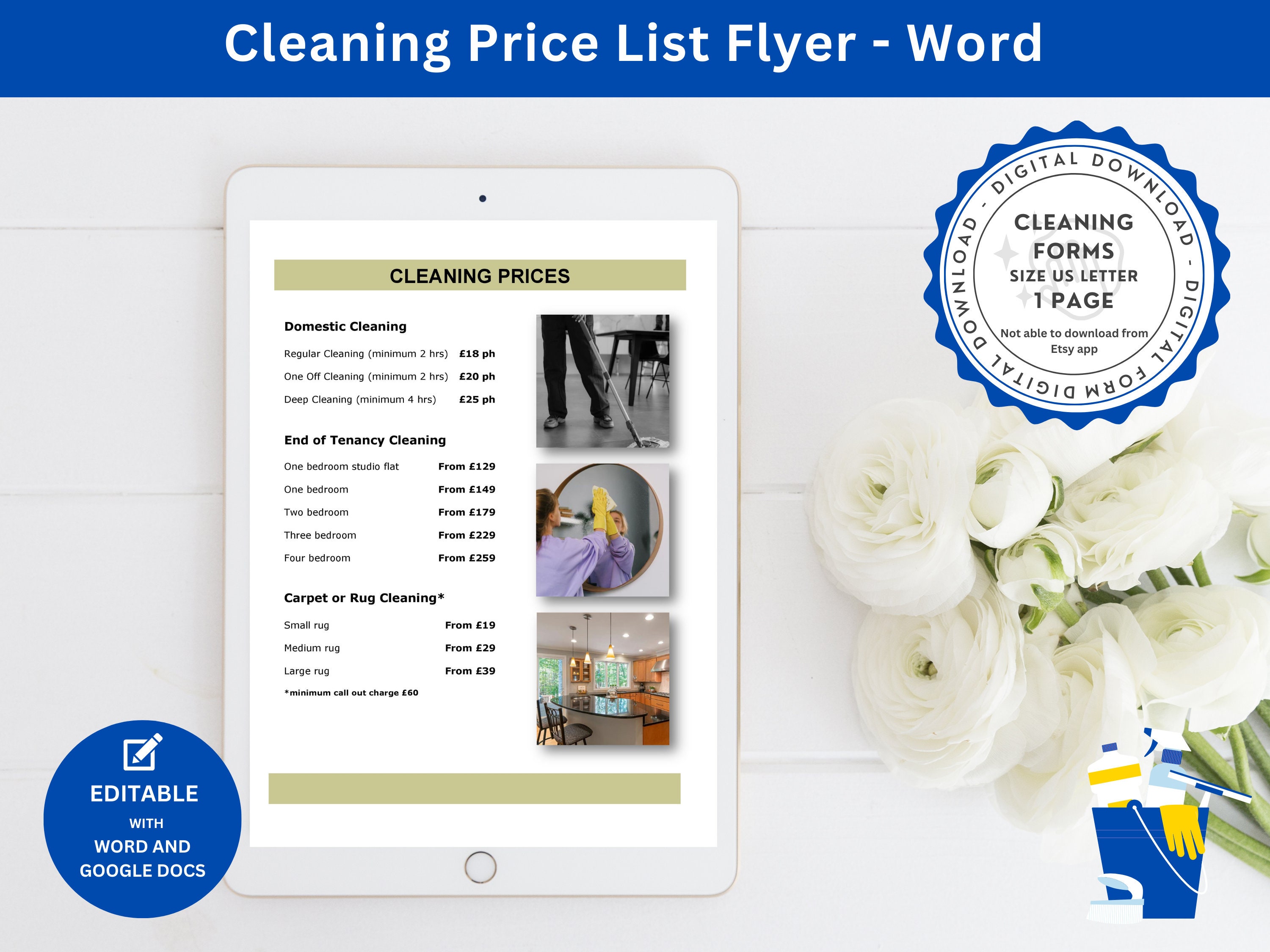 Editable Cleaning Price List Template Printable House Cleaning Rates ...
