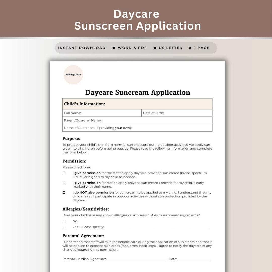Daycare Suncream Application Form Template Childcare Permission Form ...