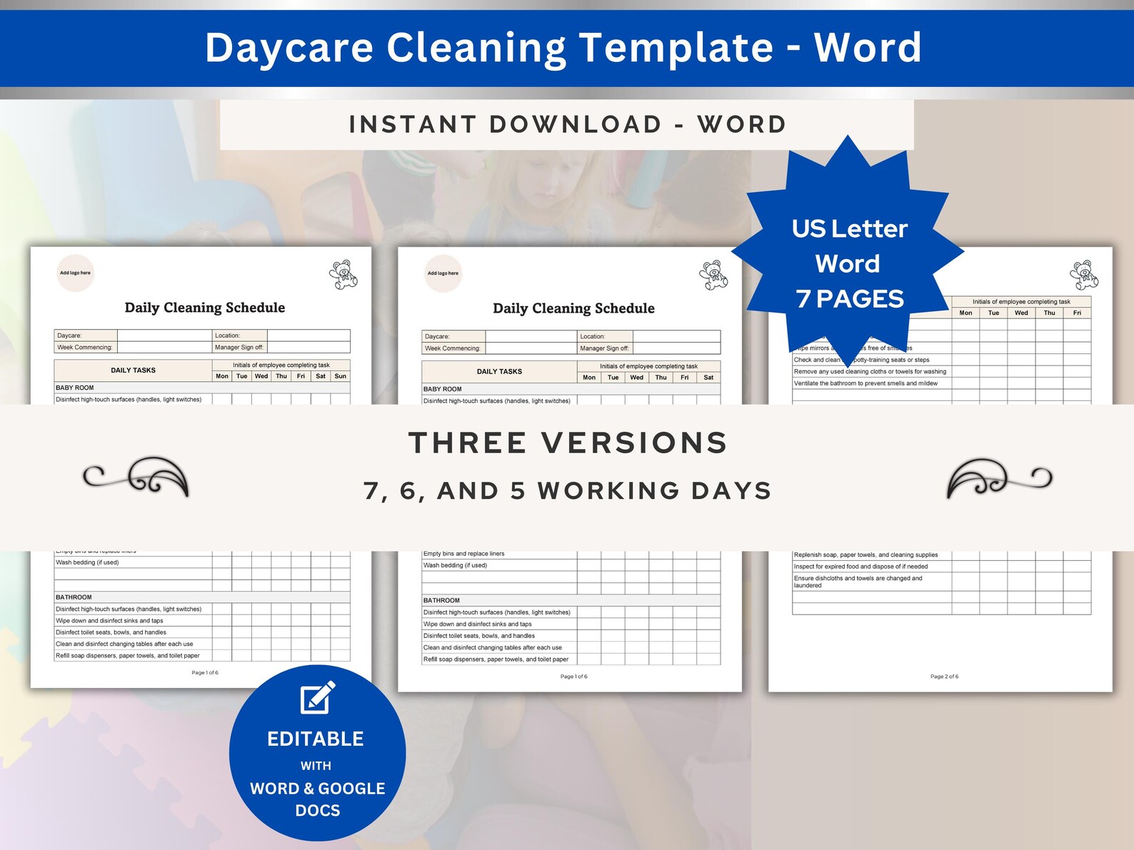 Daycare Cleaning Schedule Template Daily, Weekly, Monthly Cleaning ...