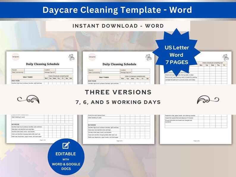 Daycare Cleaning Schedule Template Daily, Weekly, Monthly Cleaning Checklist Printable Childcare ...