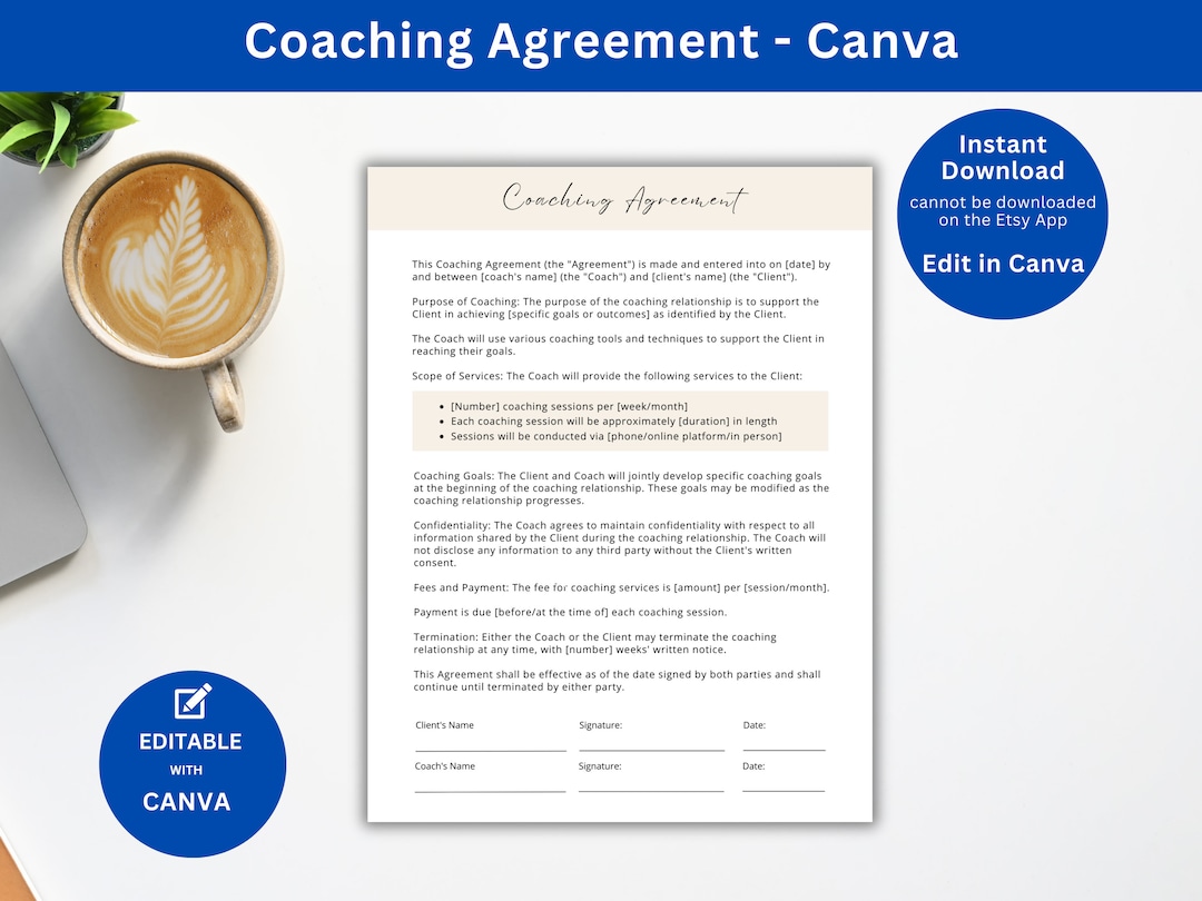 Life Coaching Agreement Template for a Life Coach Simple One Page ...