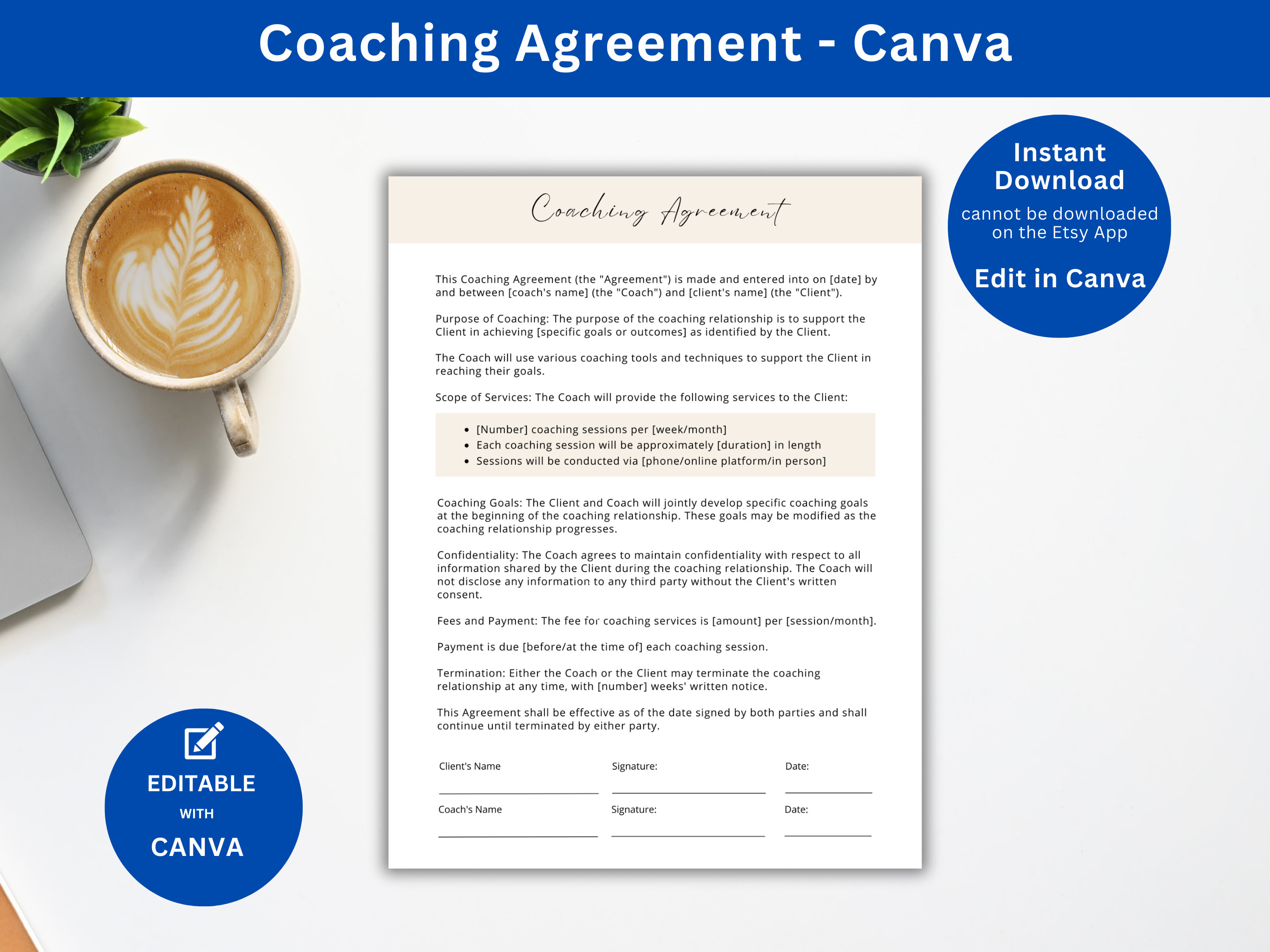 Life Coaching Agreement Template for a Life Coach Simple One Page ...