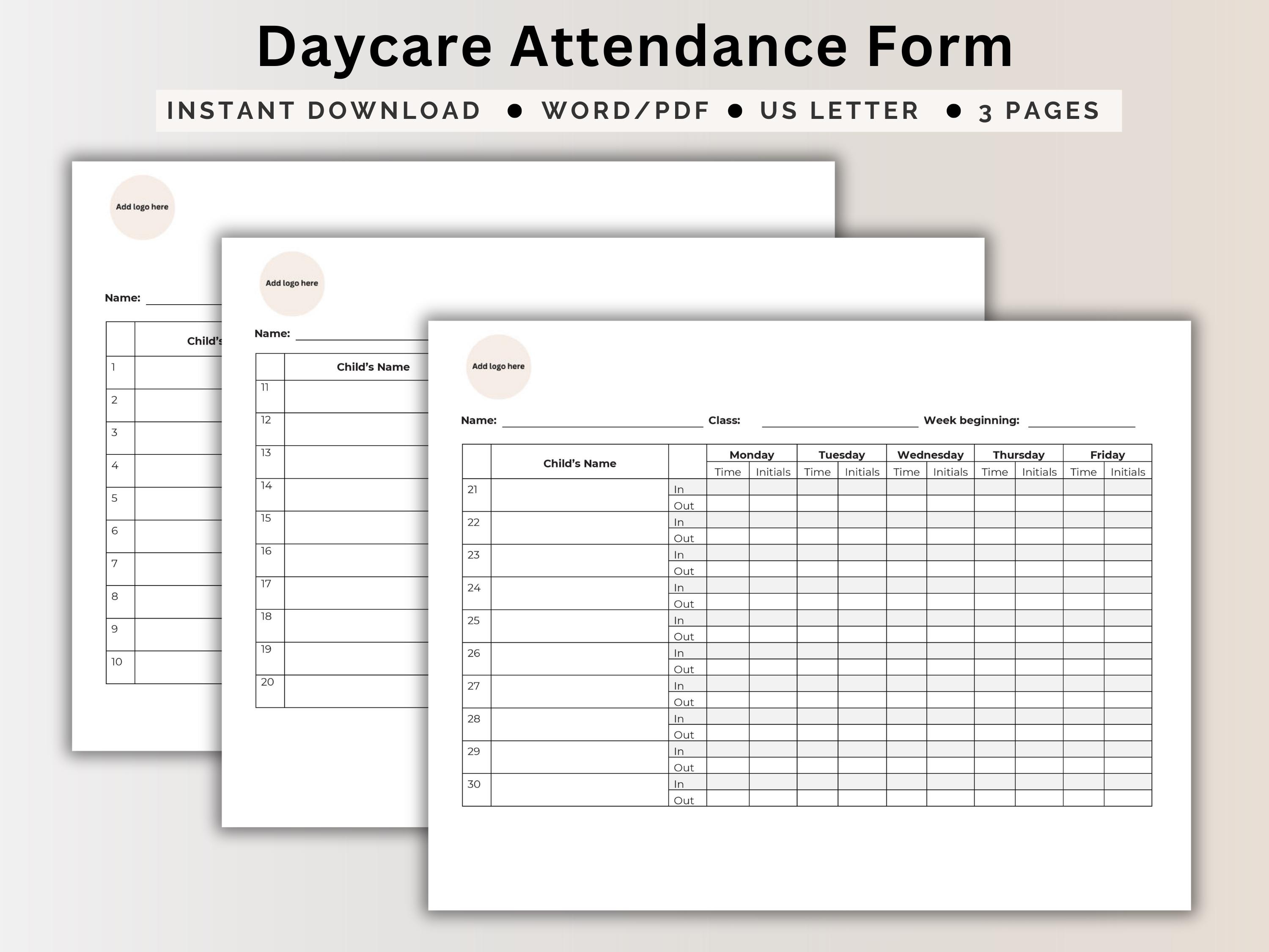 Daycare Attendance Sheet Printable PDF Childcare Daily Sign in Form ...