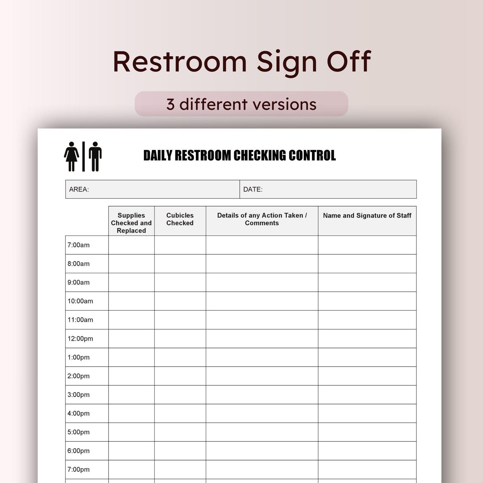 Printable Toilet Cleaning Sign off Sheet Bathroom Cleaning Monitoring ...