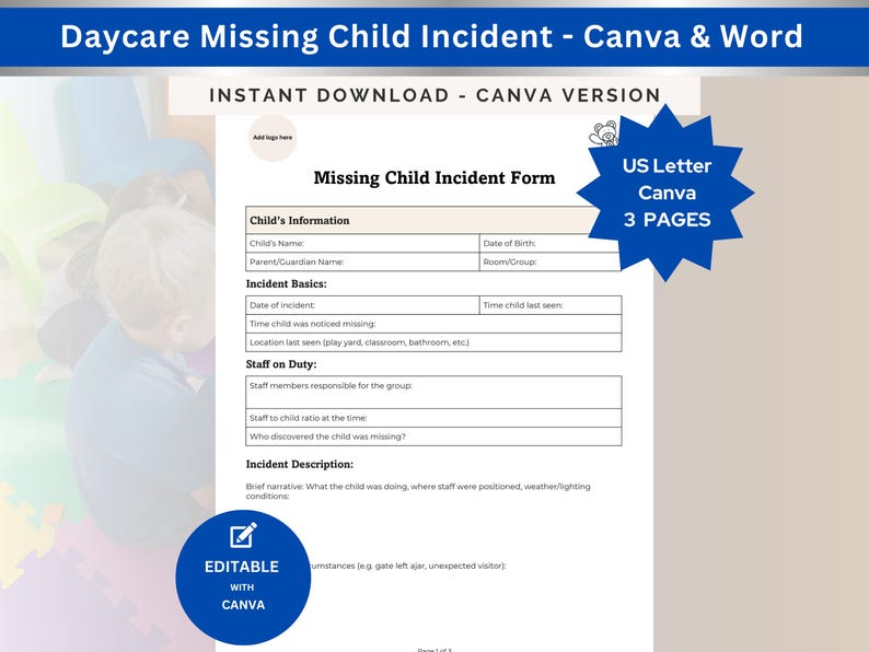 Daycare Missing Child Incident Report Form: Editable Template (digital ...
