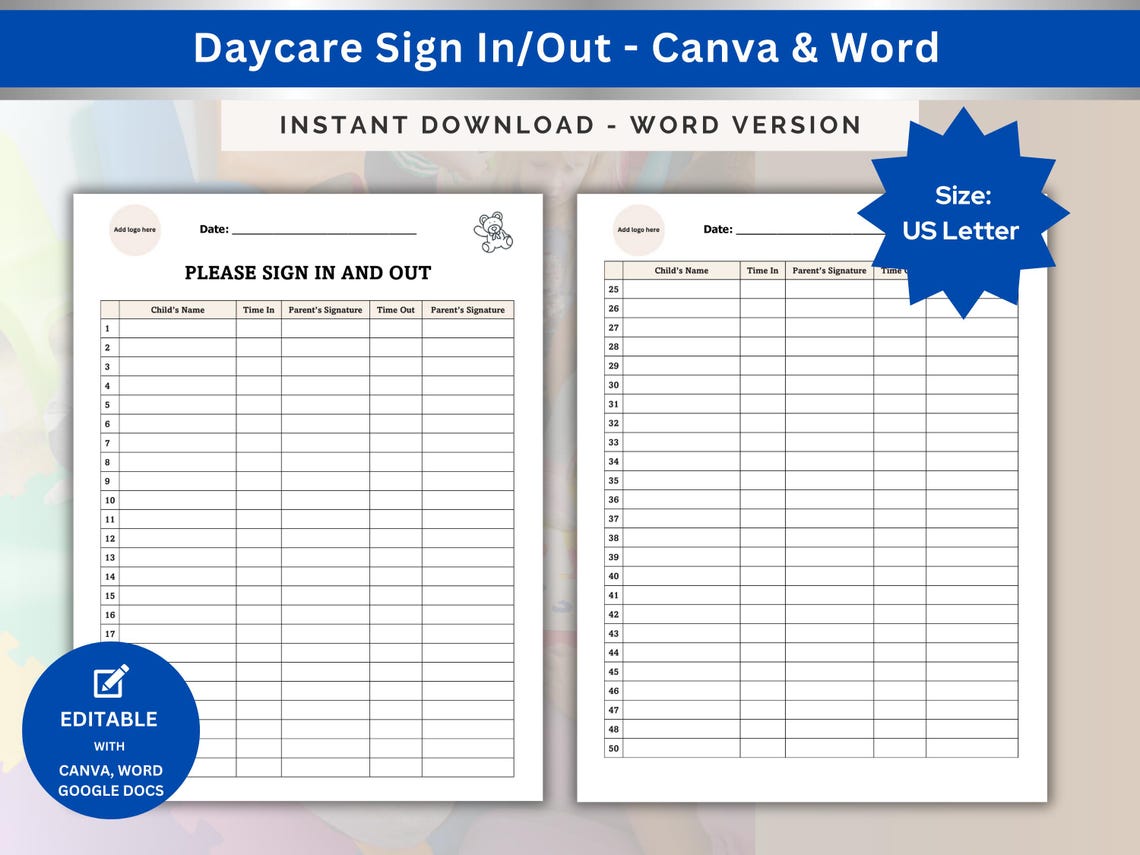 Daycare Sign In/out Sheet: Childcare Daily Log (US Letter) (PDF, Word ...