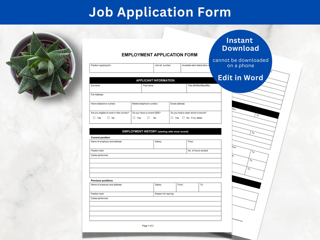 Job Application Form Printable Employment Application Employment ...