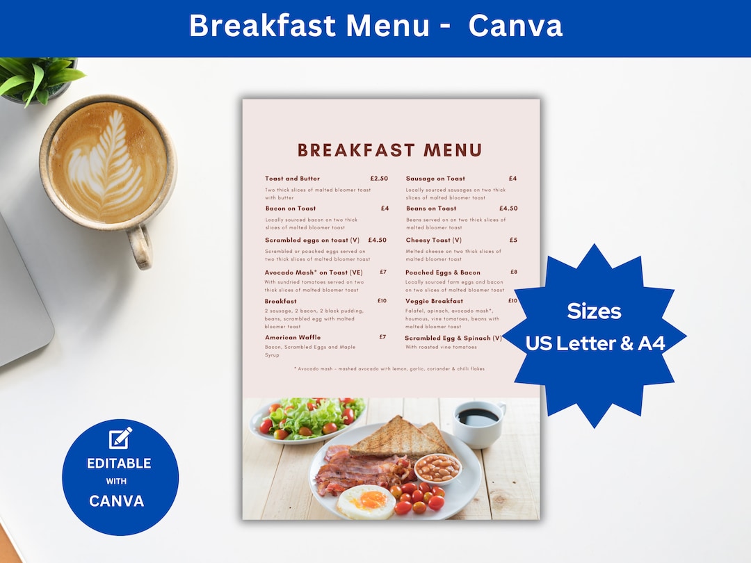 Simple Breakfast Menu Design for Cafe, Bistro, Restaurant Breakfast ...