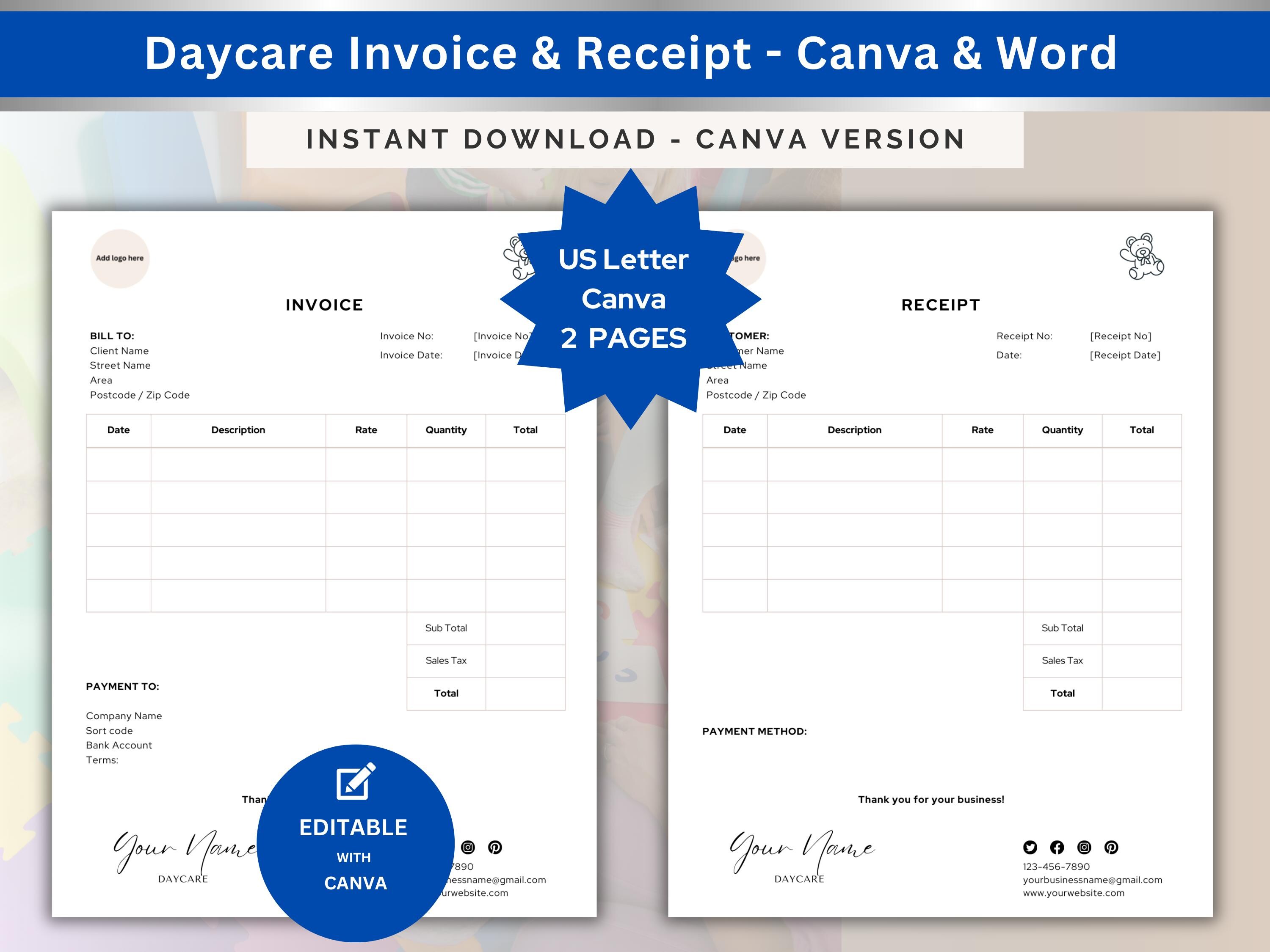 Daycare Receipt Template Word for Payments Childcare Receipt, Blank ...