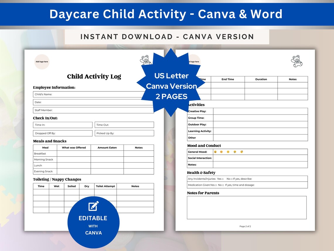 Daycare Child Activity Log Daily Report for Preschool Infant Toddler ...