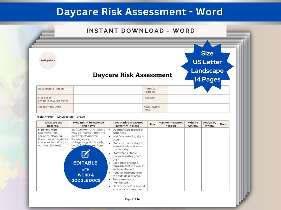 Daycare Risk Assessment Template Childcare Safety Checklist Nursery ...