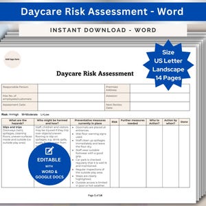 Daycare Risk Assessment Template Childcare Safety Checklist Nursery ...