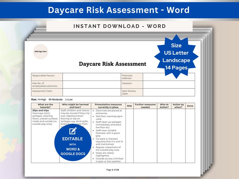 Daycare Risk Assessment Template Childcare Safety Checklist Nursery ...