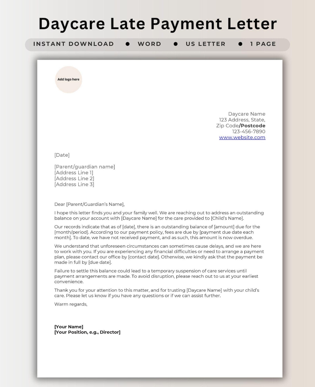 Daycare Late Payment Letter to Parent Past Due Balance Notice Reminder ...