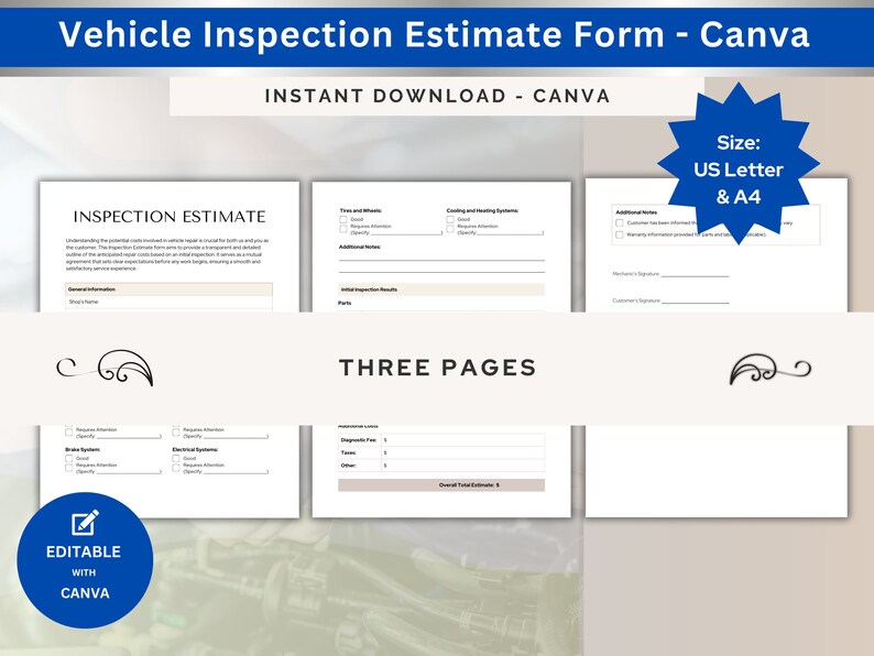 Vehicle Inspection Estimate Form Inspection Car Check Repair Estimate ...
