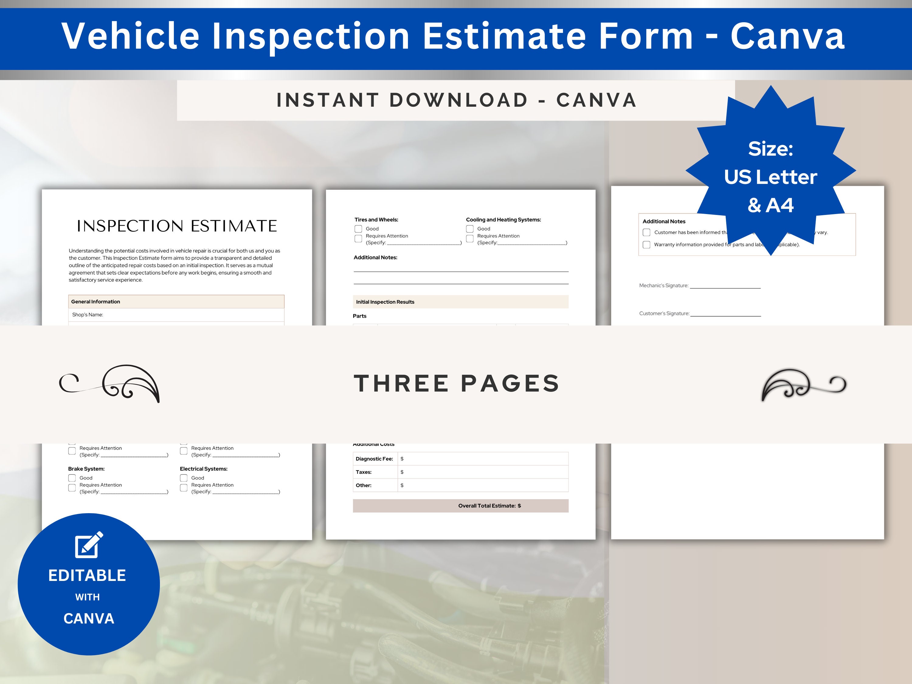 Vehicle Inspection Estimate Form Inspection Car Check Repair Estimate ...