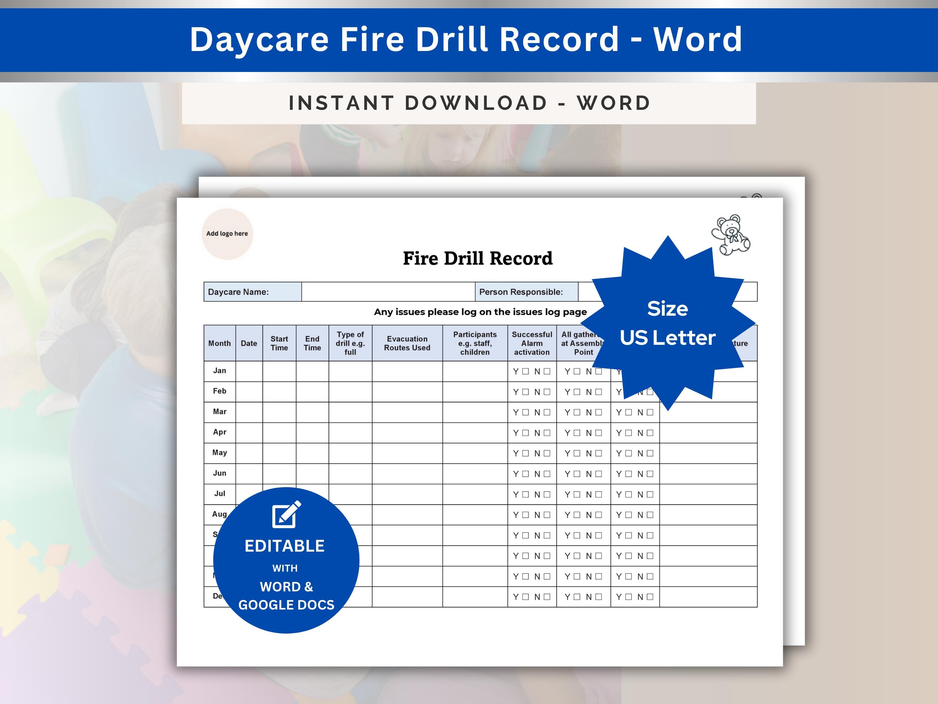 Daycare Fire Drill Log Record for Emergency Drill Documentation Fire ...