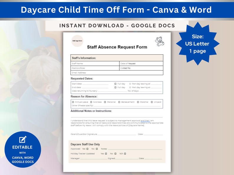 Daycare Staff Time off Request Form: Printable Leave of Absence (PDF ...