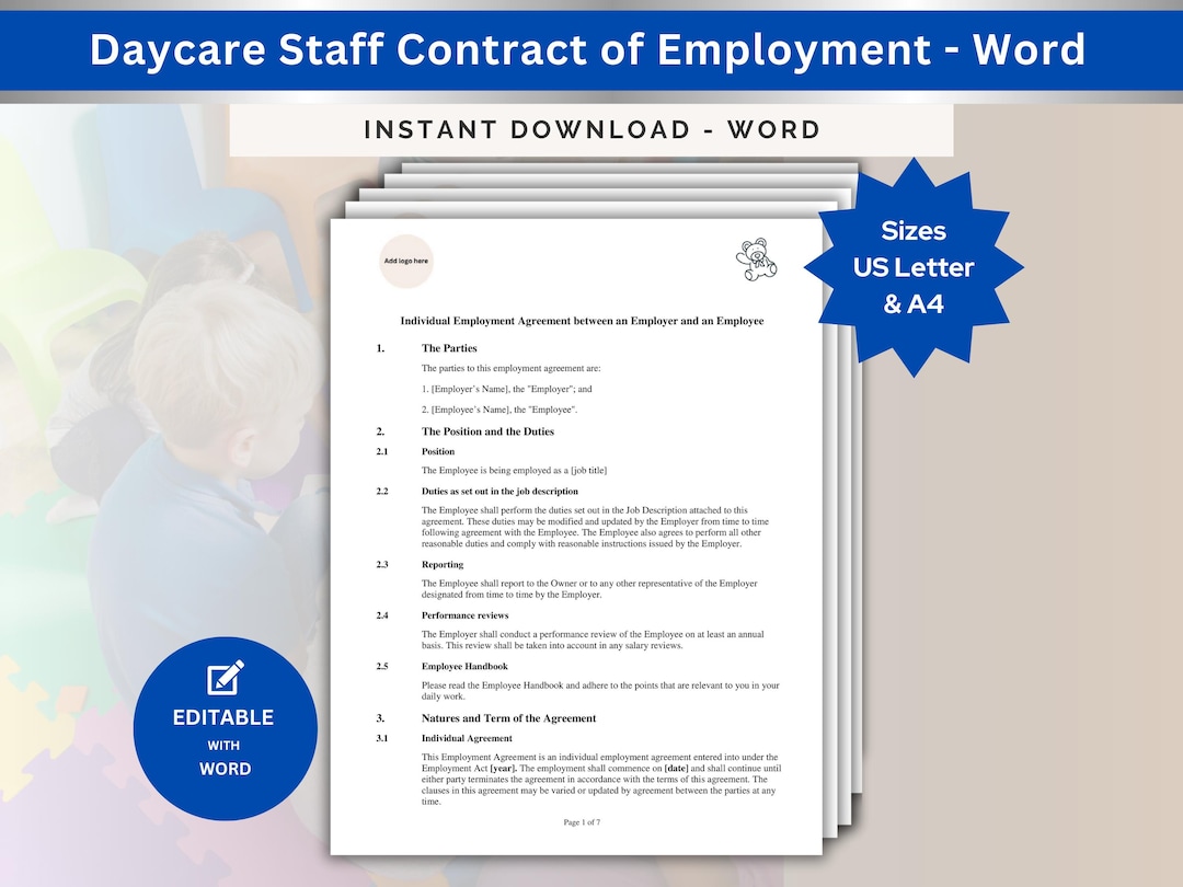 Daycare Employment Contract for Childcare Staff Agreement Teacher ...