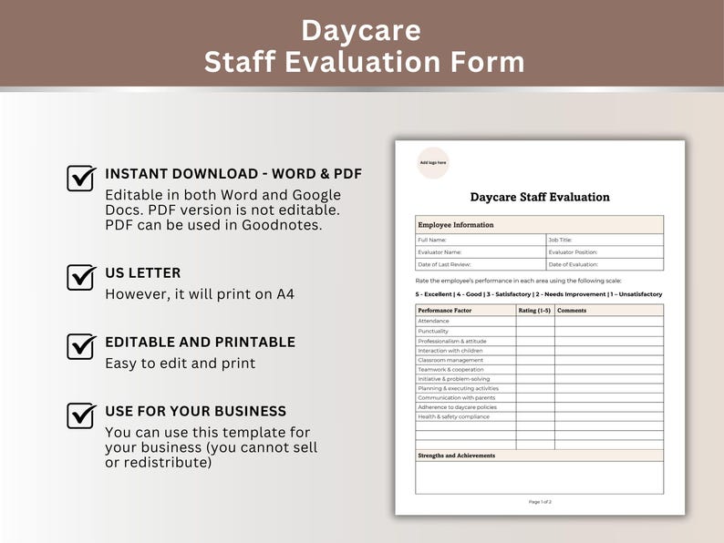 Preschool Staff Evaluation Form Template Employee Performance Review ...