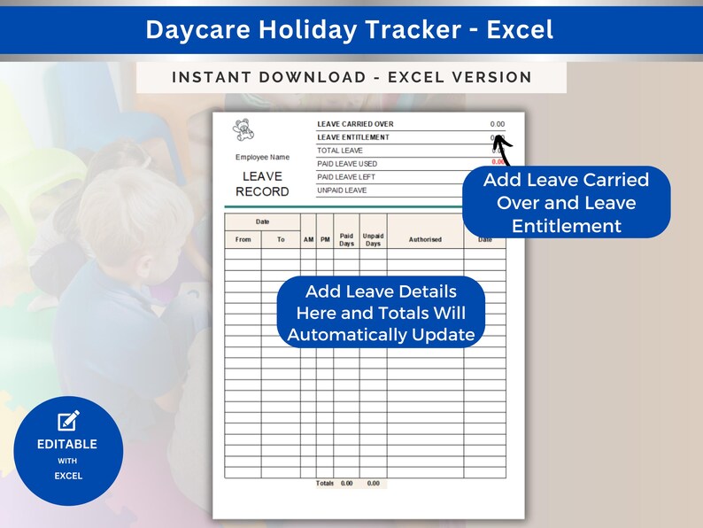Holiday Tracker Excel Track Employee Vacation for Daycare Google Sheets ...