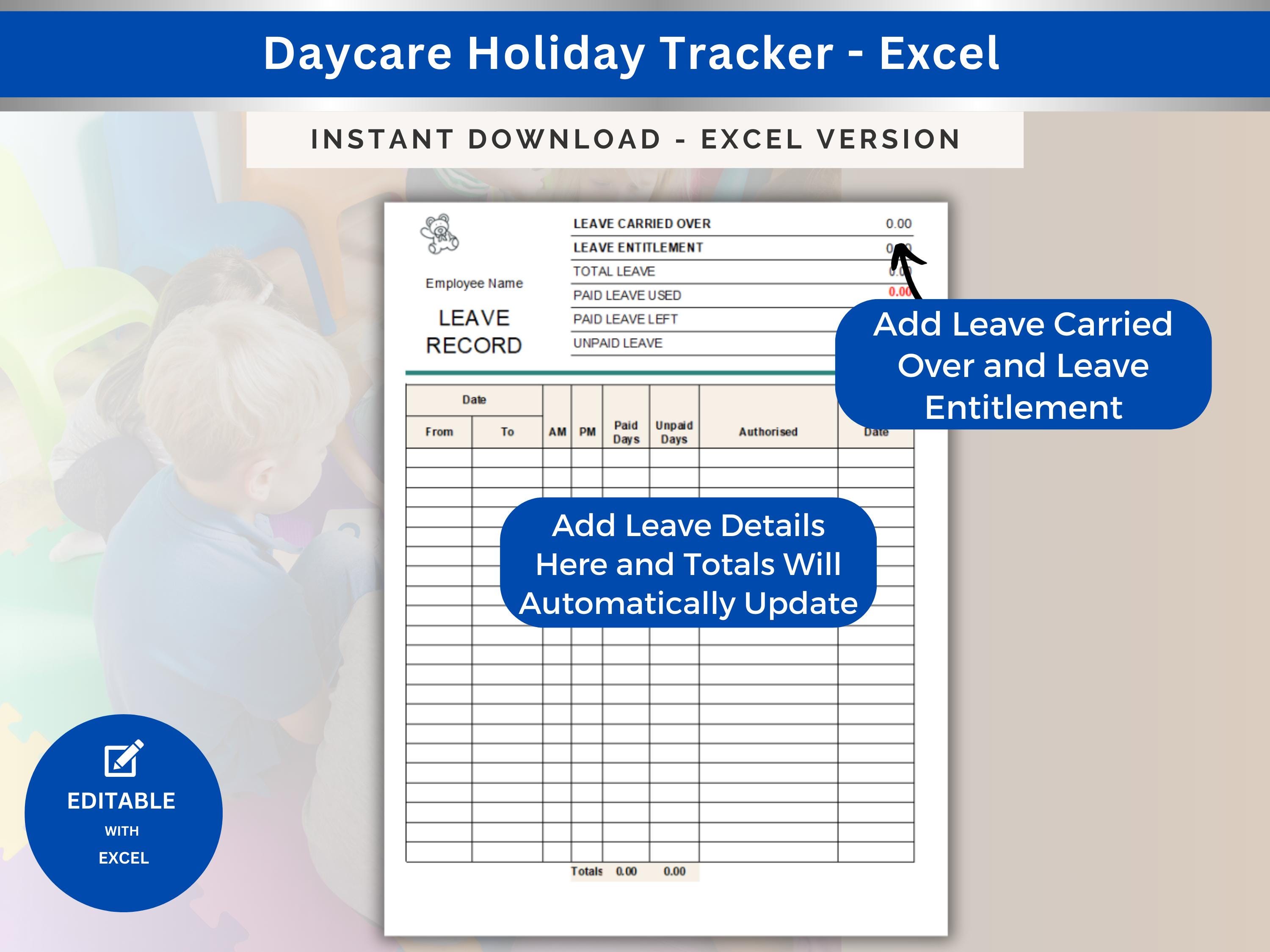 Holiday Tracker Excel Track Employee Vacation for Daycare Google Sheets ...