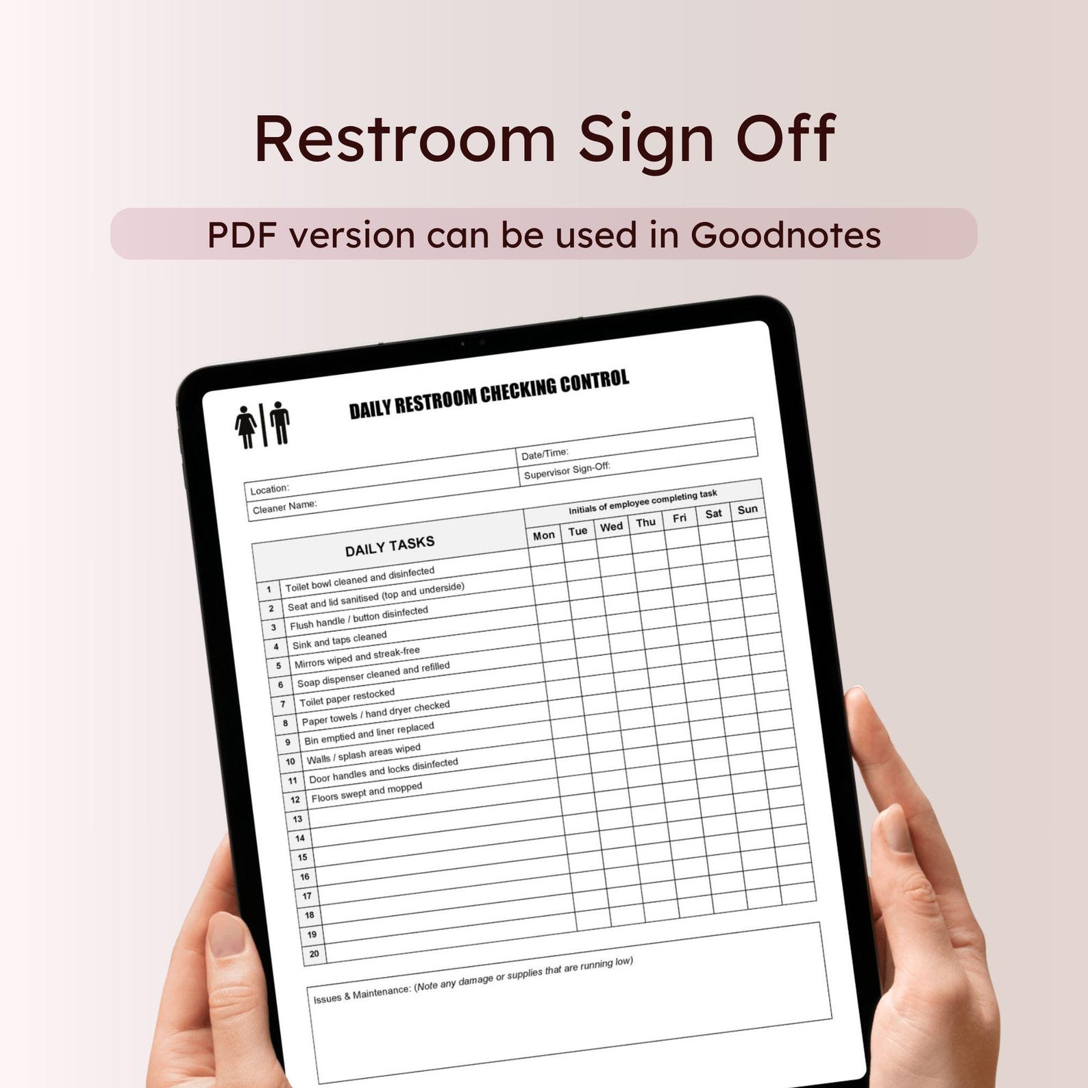 Printable Toilet Cleaning Sign off Sheet Bathroom Cleaning Monitoring ...