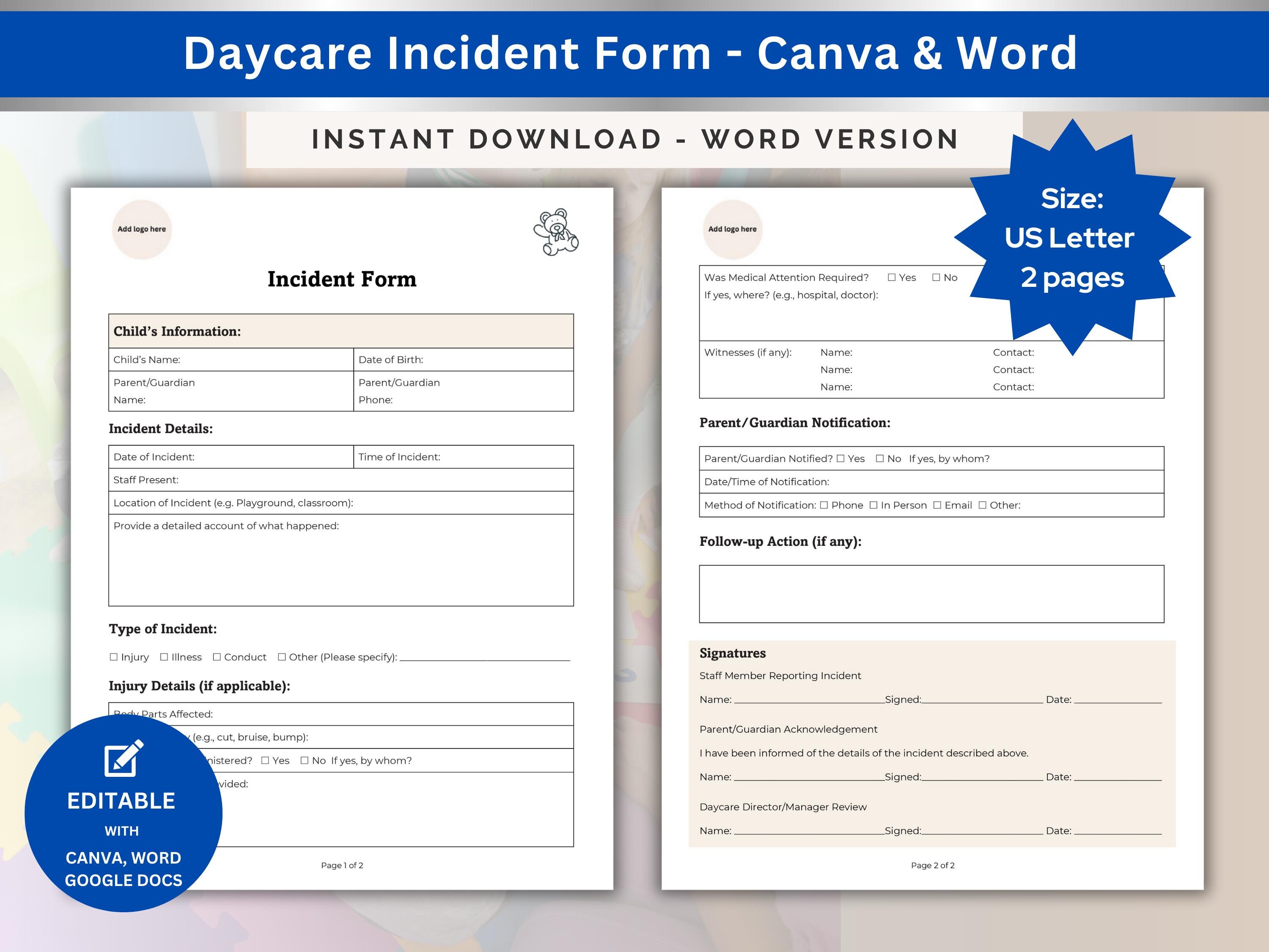 Daycare Incident Report to Log Childcare Injury, Behavior Issues ...