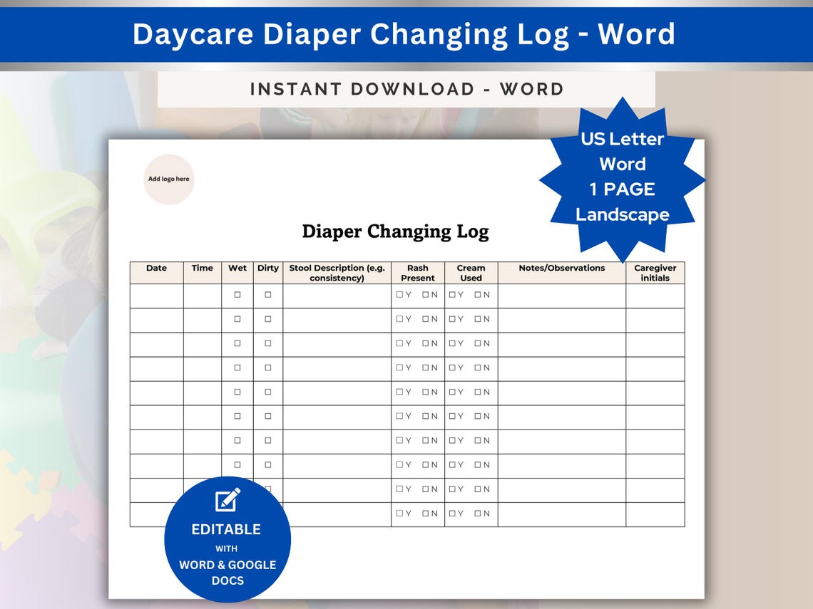 Daycare Diaper Changing Log Template: Editable Printable Chart (PDF ...