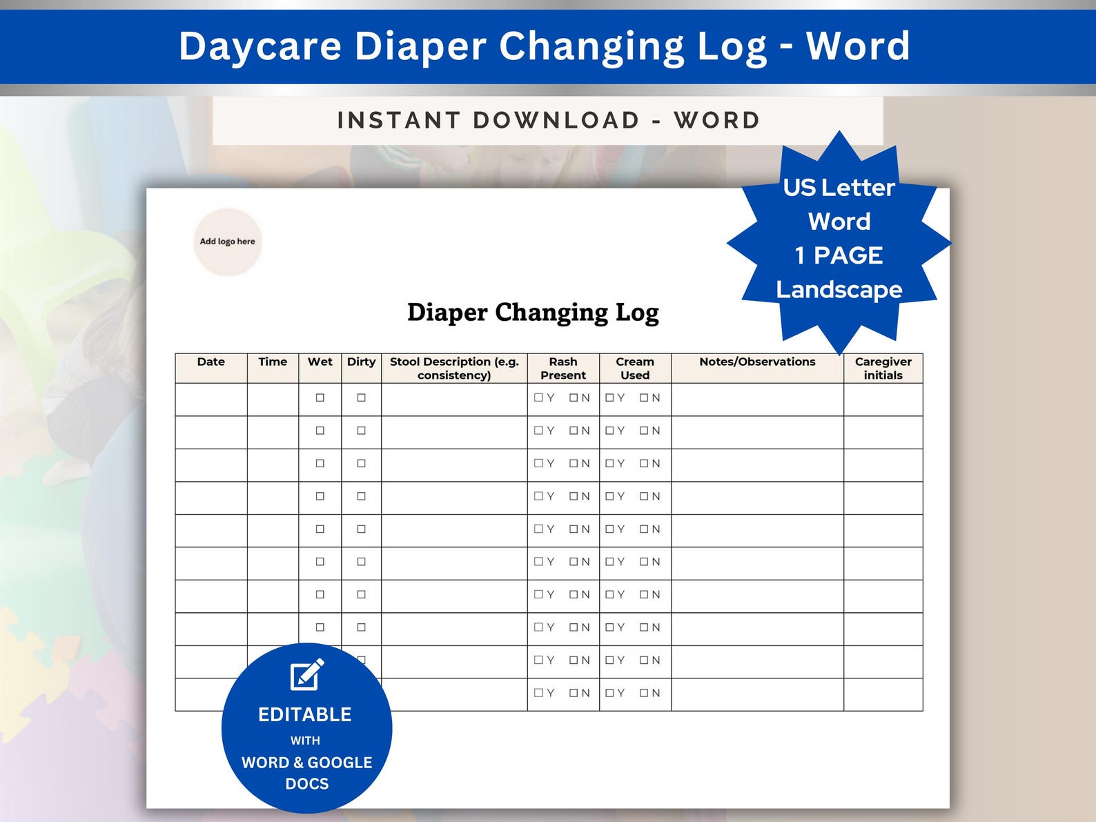 Daycare Diaper Changing Log Template: Editable Printable Chart (PDF ...