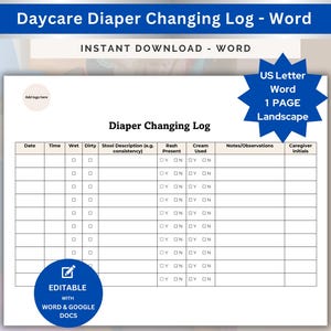 Daycare Diaper Changing Log Template: Editable Printable Chart (PDF ...