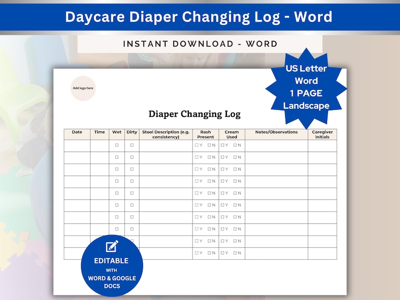 Daycare Diaper Changing Log Template: Editable Printable Chart (PDF ...