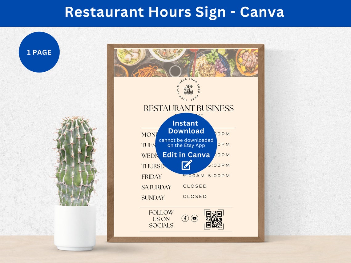 Restaurant Hours Sign Printable PDF for Opening Hours Sign Template for ...