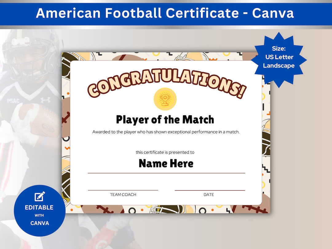 American Football Award Certificate USA Football Player of the Match ...