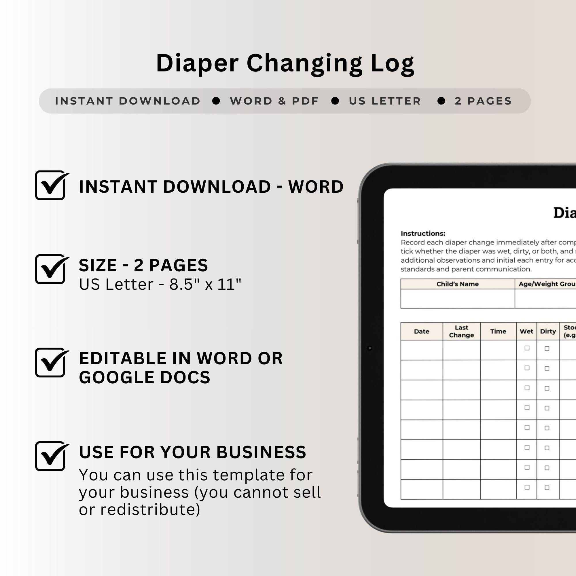 Diaper Changing Log Template Infant Change Record Sheet Baby Care ...