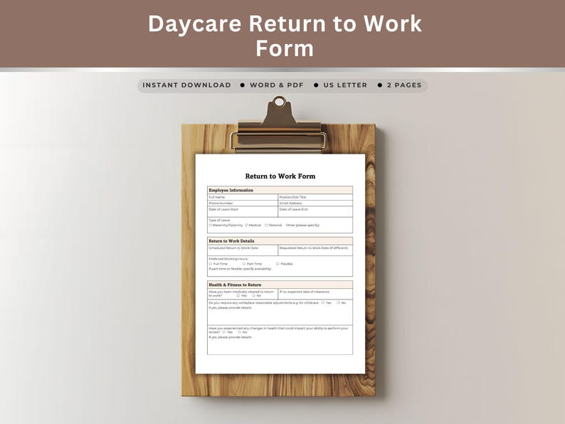 Daycare Return to Work Form Teachers Attendance Form Reasonable ...