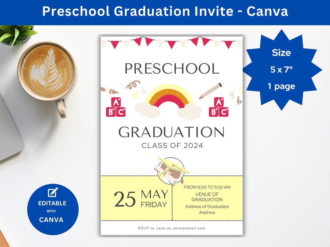 Preschool Graduation Invitation Template Editable Rainbow Kindergarten ...