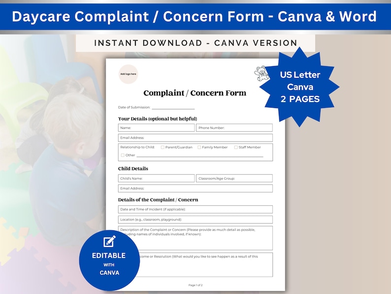 Daycare Complaint Form Printable Parent Concern Report Template ...