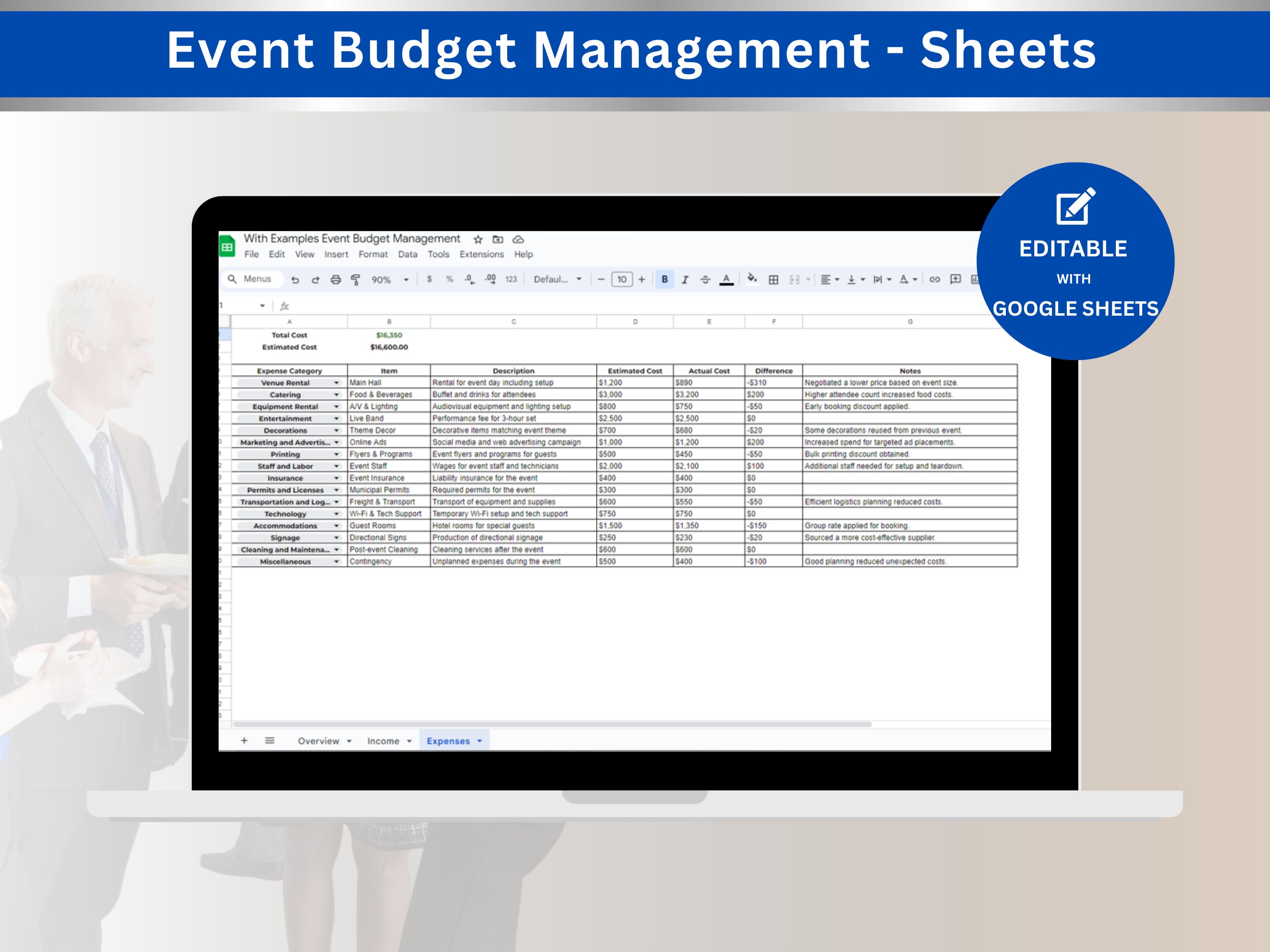 Event Budget Planner: Financial Management Google Sheets Template (with ...